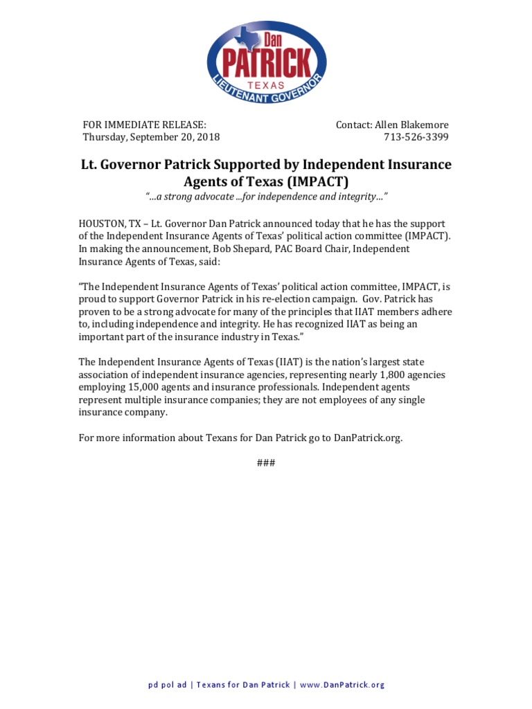 Dan Patrick Endorsed by Texas Insurance PAC | PDF