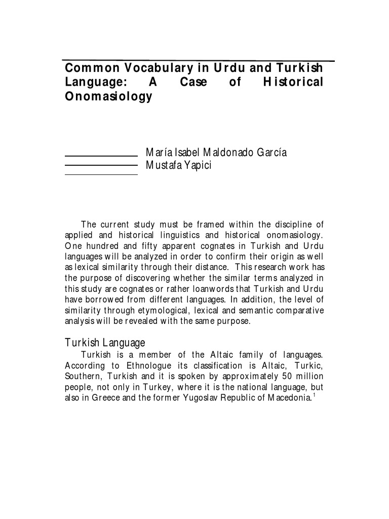 Common Vocabulary in Urdu and Turkish Language: A Case of Historical ...