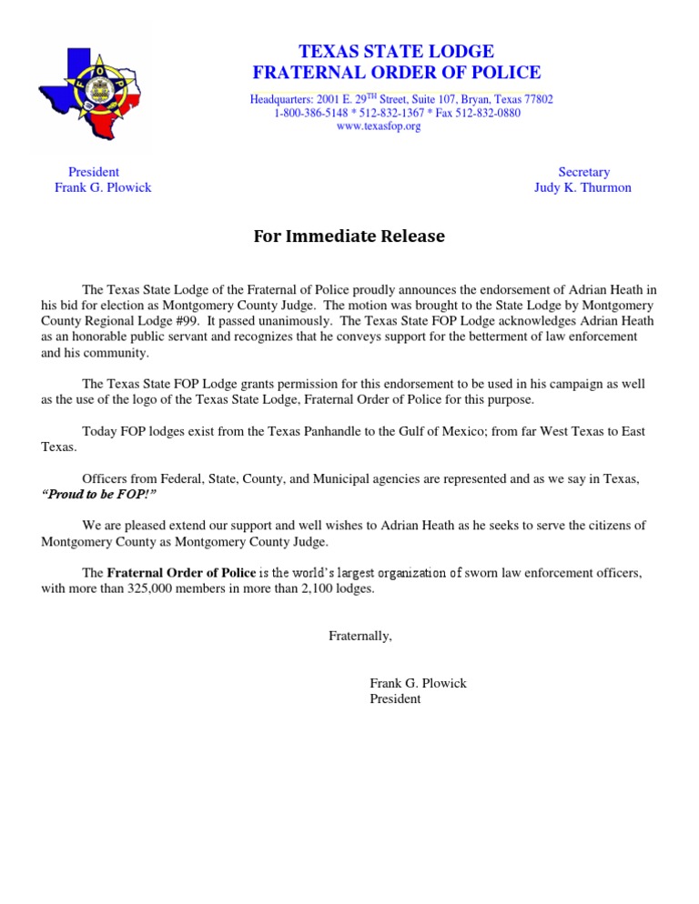 Texas FOP Endorses Adrian Heath | PDF