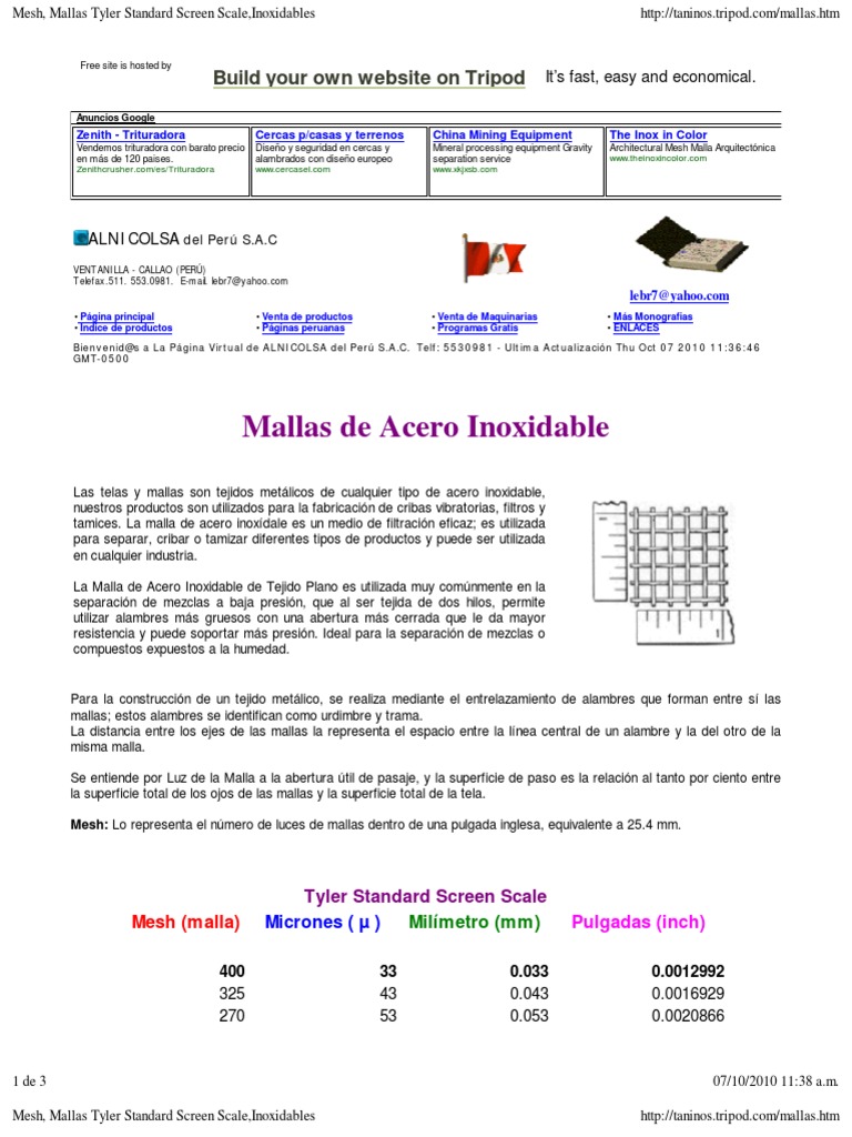 Mesh, Mallas Tyler Standard.. | PDF | Materiales | Química