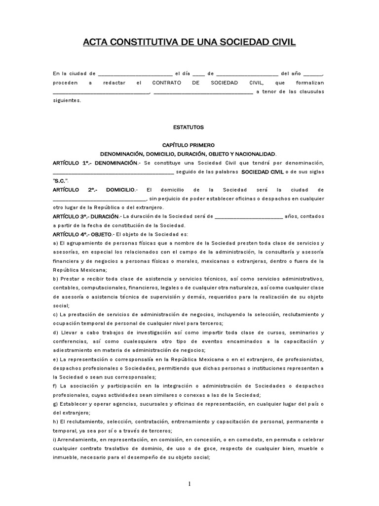 Acta Constitutiva Sociedad Civil | PDF | Sociedad de responsabilidad limitada | Instrumento ...