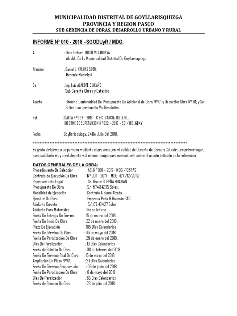 Informe de Aprobacion de Adicional de Obra | Presupuesto | Ingeniería de Edificación