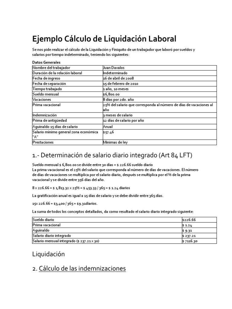Ejemplo Cálculo de Liquidación Laboral.docx | Compensación laboral ...