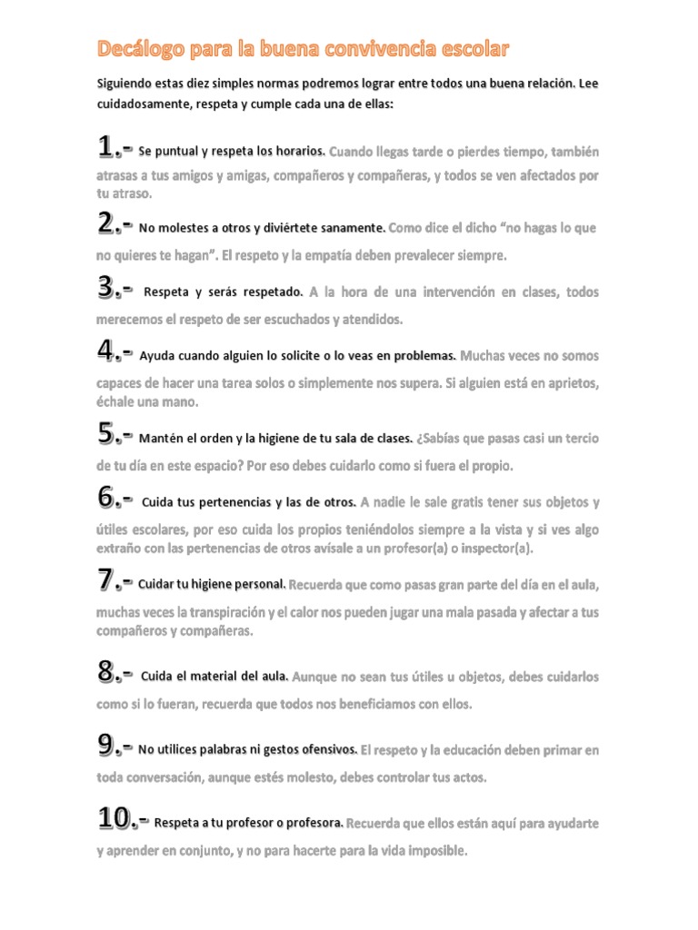 Decálogo para La Buena Convivencia Escolar | PDF