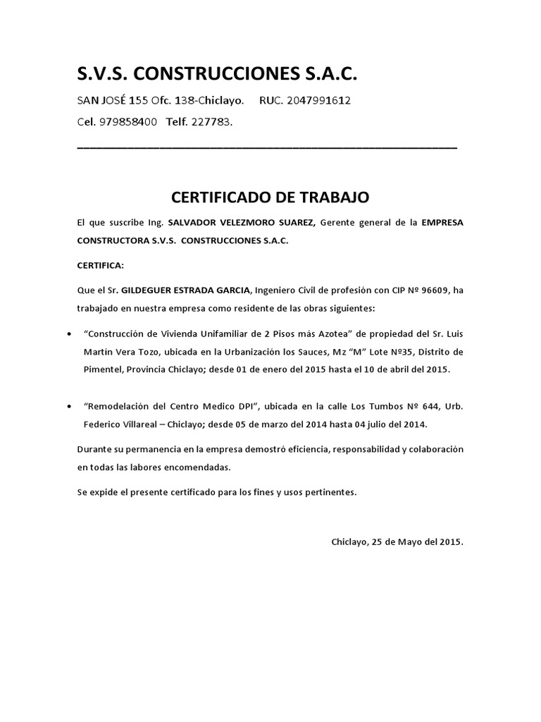 Certificado trabajo ingeniero civil Chiclayo | PDF