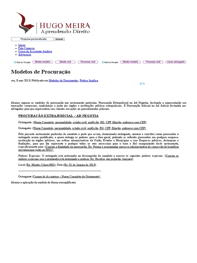 Modelos de Procuração - Extrajudicial e Ad Judicia _ Aprendendo Direito ...