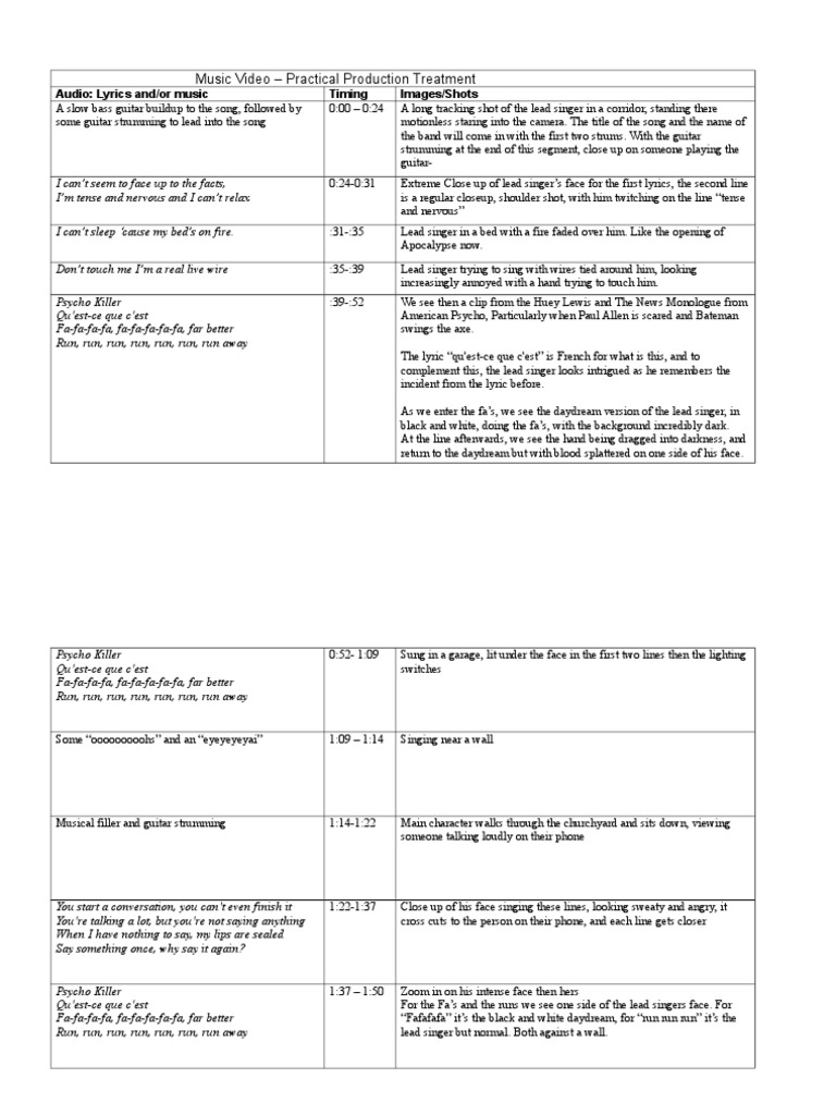 Music Video Practical Production Treatment | PDF | Leisure ...
