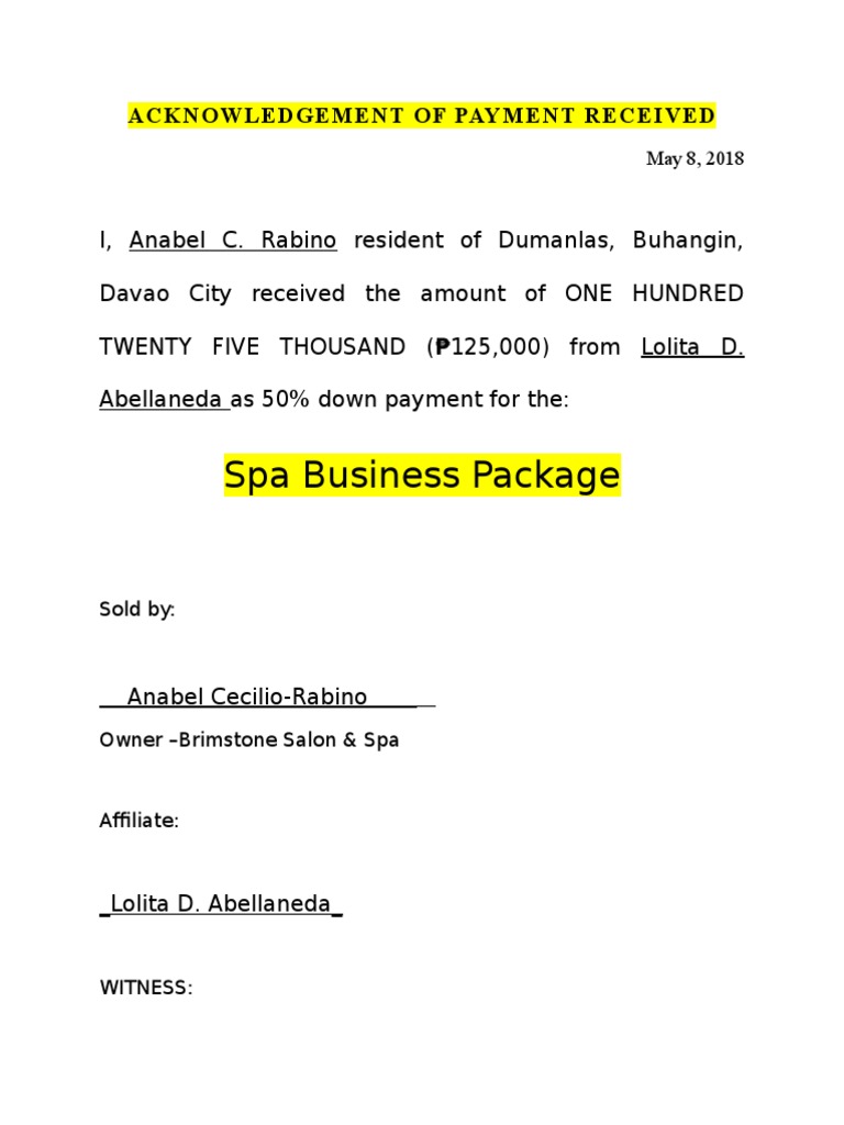 Spa Business Package: Acknowledgement of Payment Received | PDF