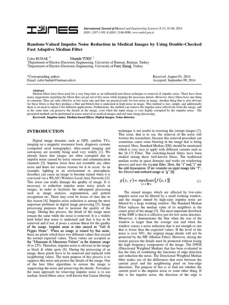Random Valued Impulse Noise Reduction In Medical Images By Using Double Checked Pdf Median 8386