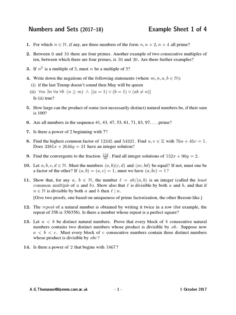 Numbers and Sets Example Sheet 1 of 4: A.G.Thomason@dpmms - Cam.ac - Uk ...