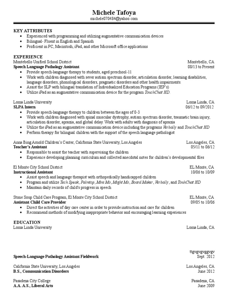 Resume-Michele Tafoya | PDF | Speech Language Pathology ...