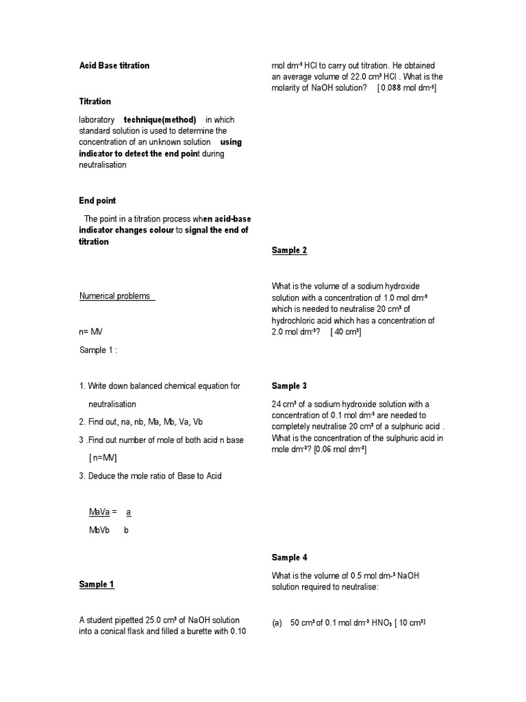 Acid Base Titration Notes | PDF | Titration | Chemistry