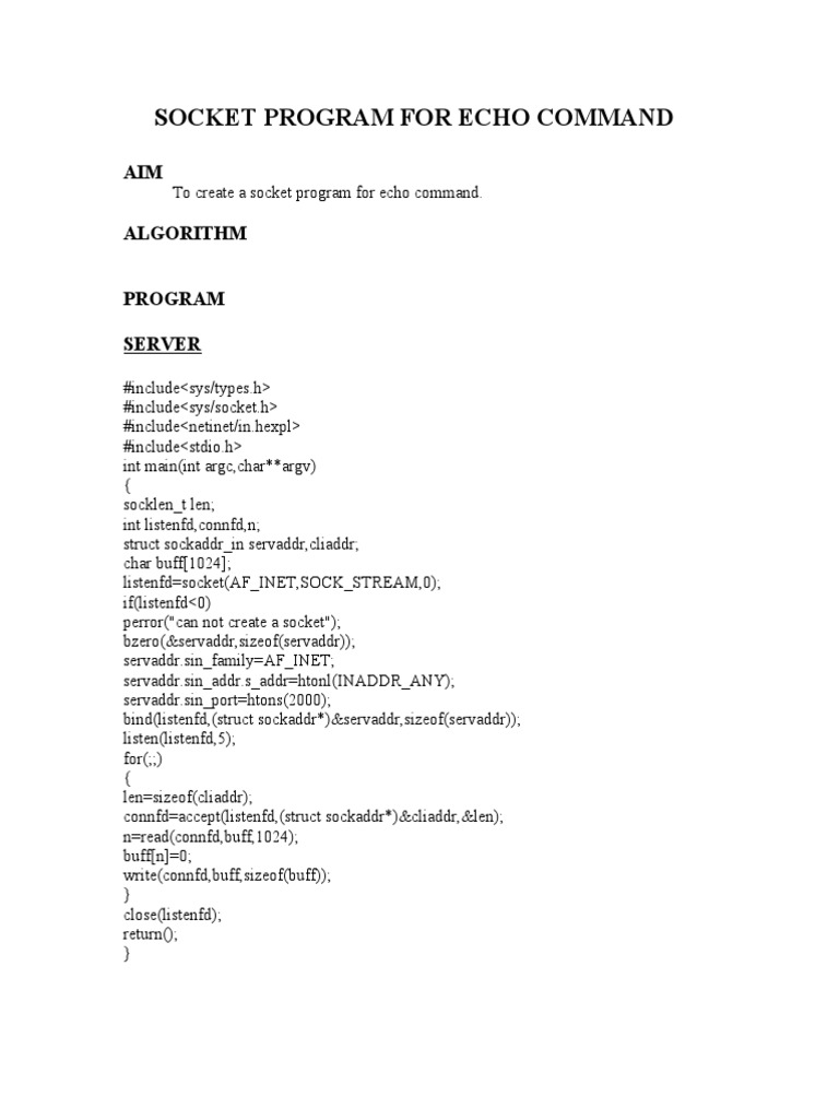Socket Program For Echo Command: AIM Algorithm | PDF | Port (Computer Networking) | Network Socket