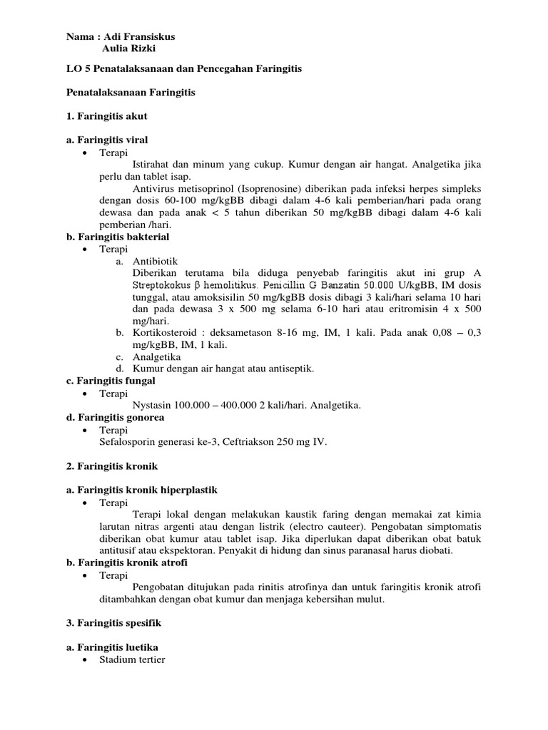 Tatalaksana dan Pencegahan Faringitis | PDF
