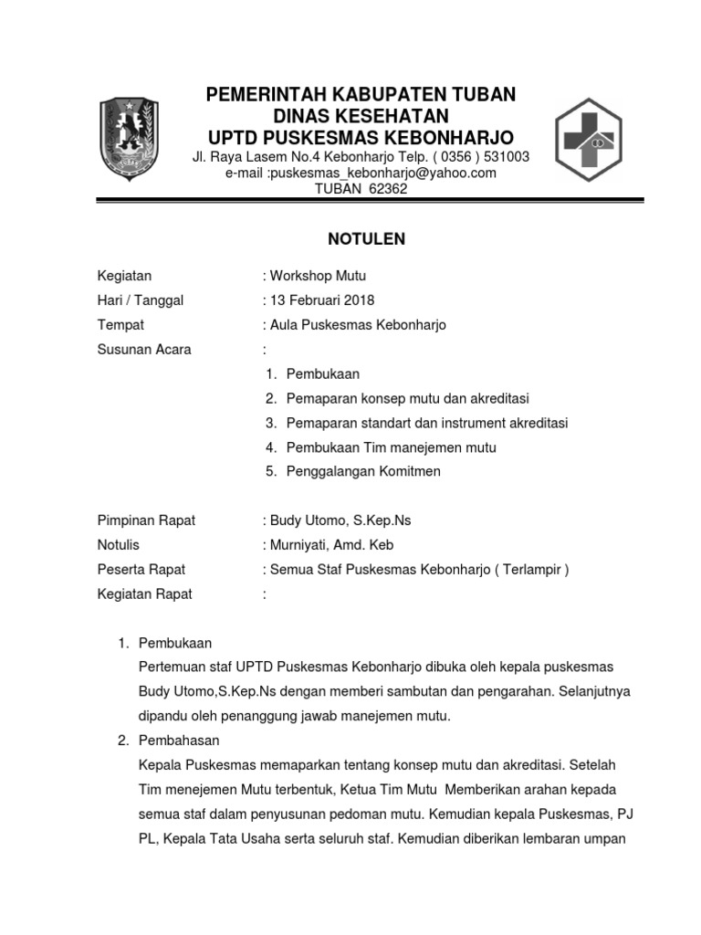 Notulen Workshop Mutu Puskesmas Kebonharjo | PDF | Karier & Perkembangan