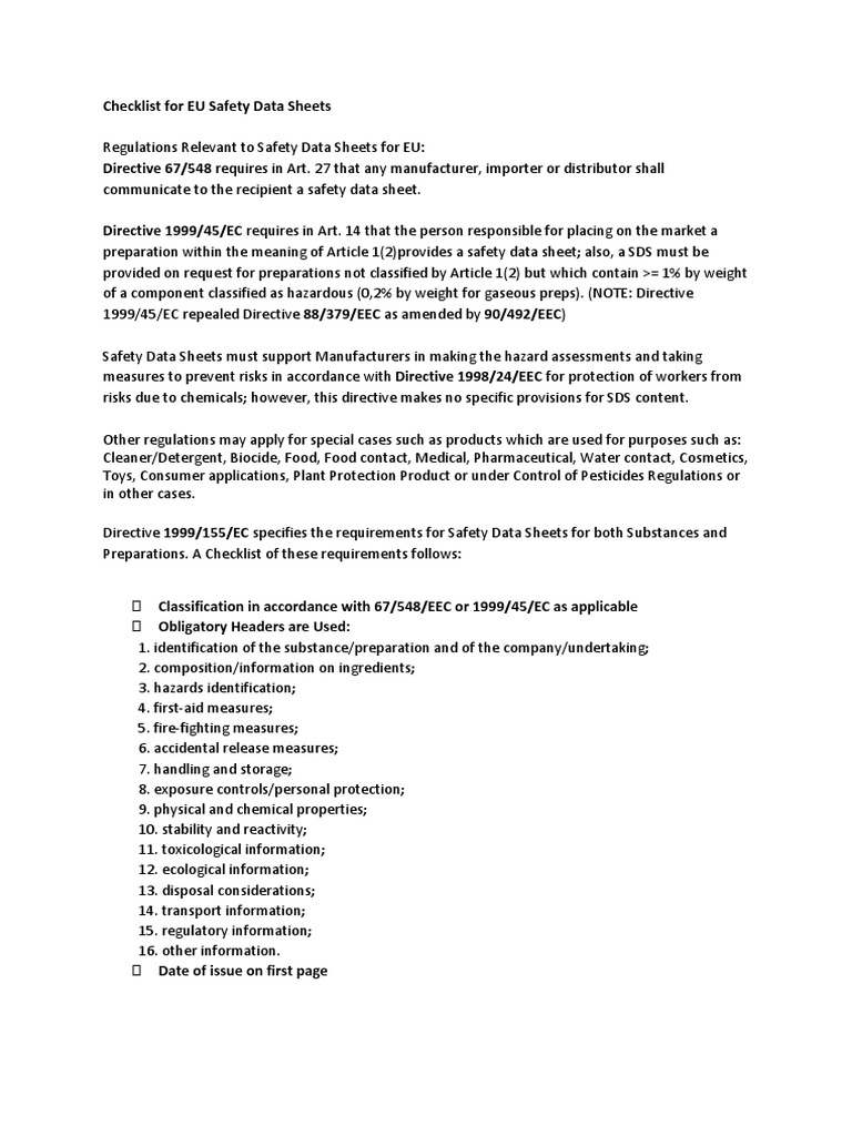Checklist EU SDS | PDF | Prevention | Occupational Safety And Health