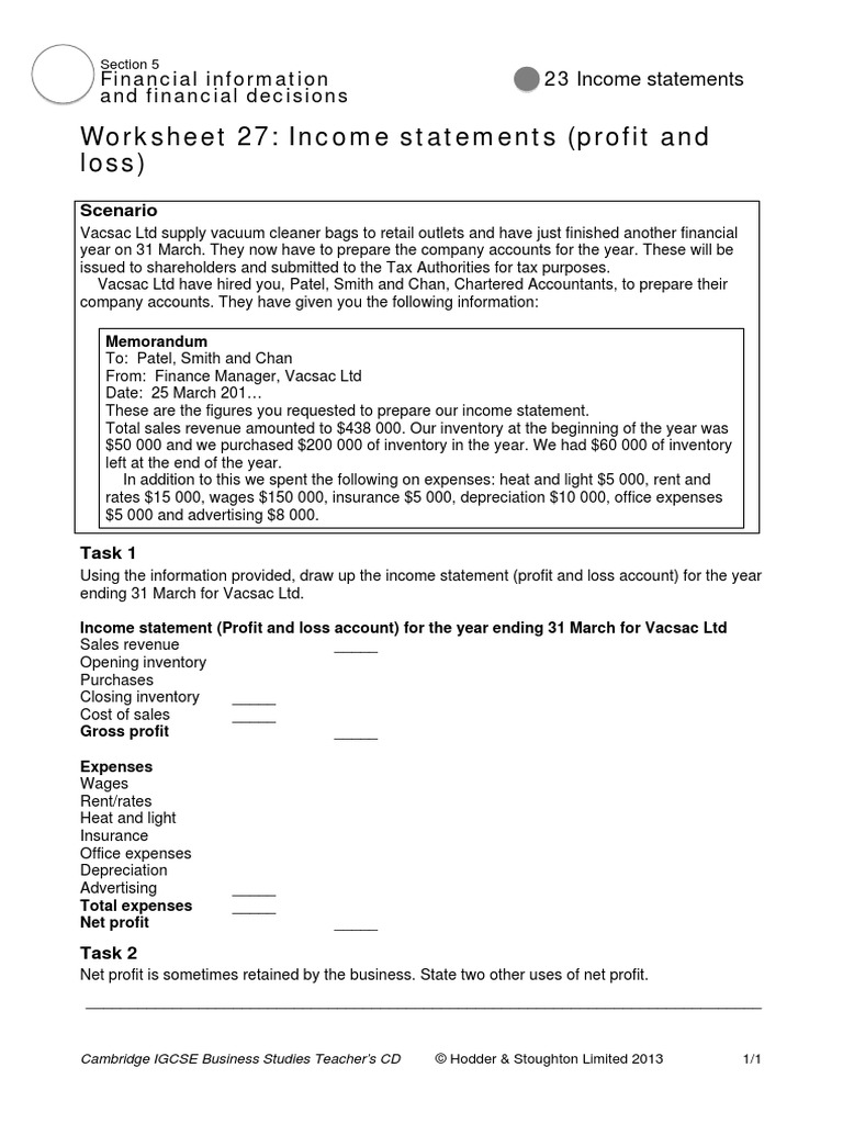 Worksheet 27: Income Statements (Profit and Loss) | PDF