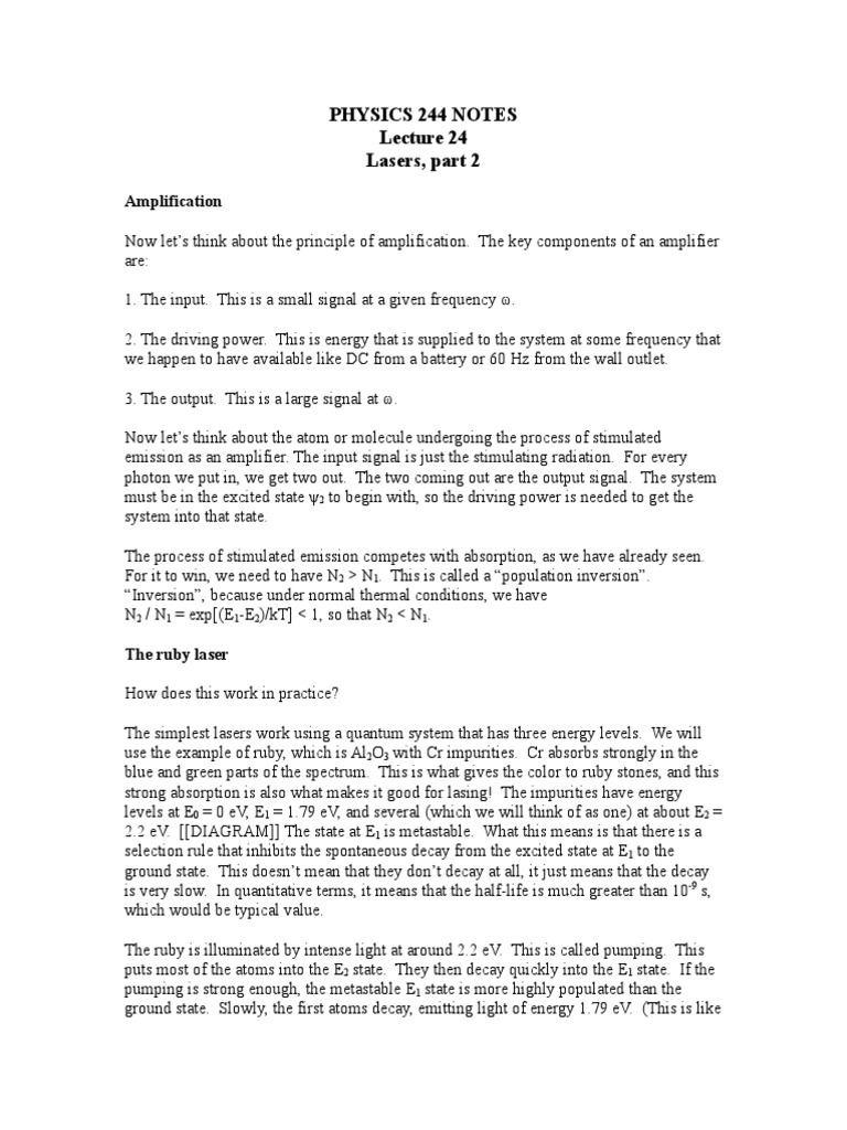 Physics 244 Notes Lasers, Part 2: Amplification | PDF | Laser | Quantum ...