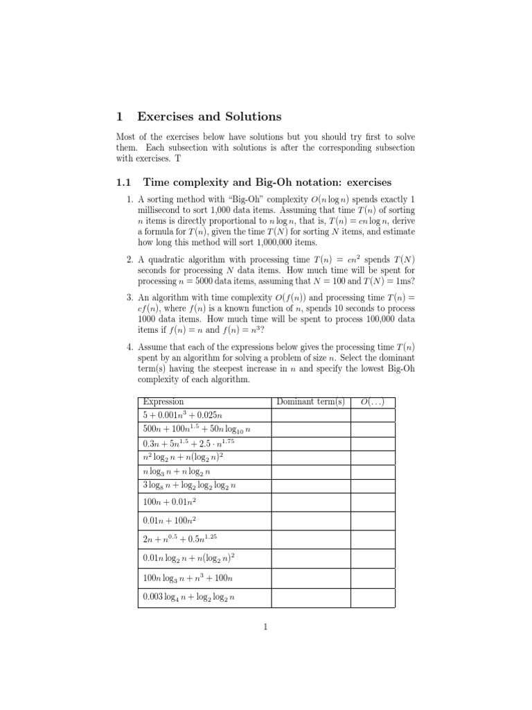 1 Exercises and Solutions | PDF | Time Complexity | Logarithm