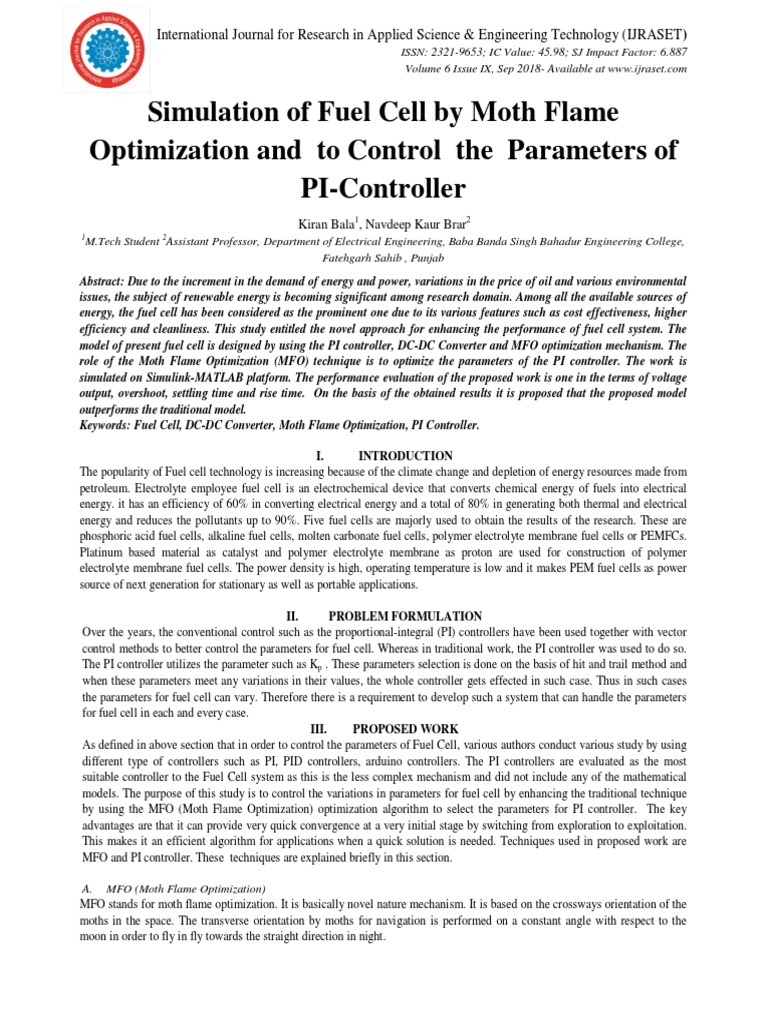 Simulation of Fuel Cell by Moth Flame Optimization and To Control The Parameters of PI ...