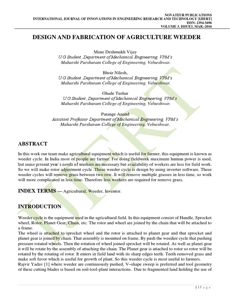 Design and Fabrication of Agriculture Weeder | PDF | Strength Of ...