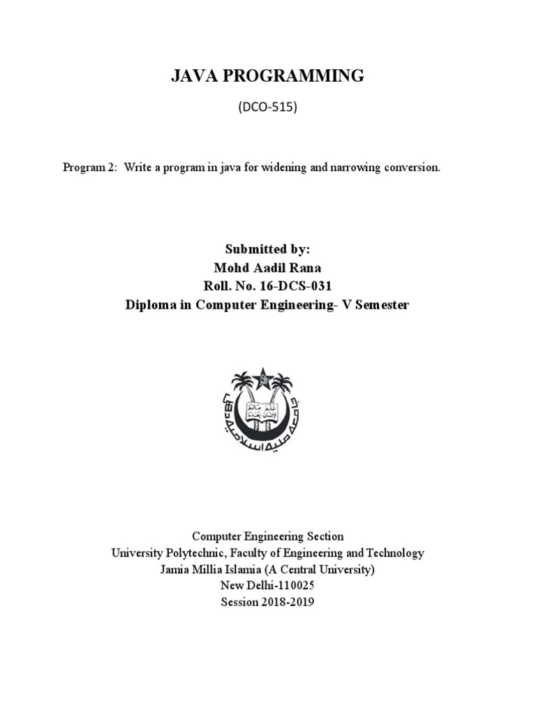 Java Programming: Program 2: Write A Program in Java For Widening and ...
