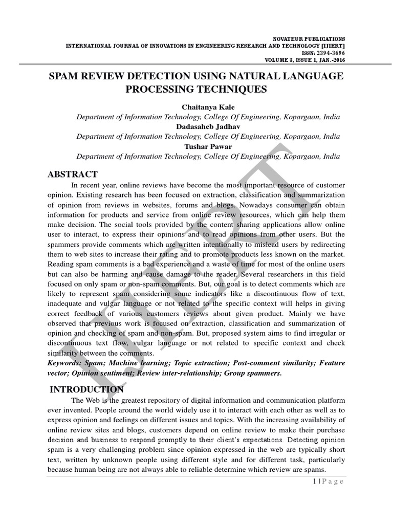 Spam Review Detection Using Natural Language Processing Techniques | PDF | Spamming | Blog