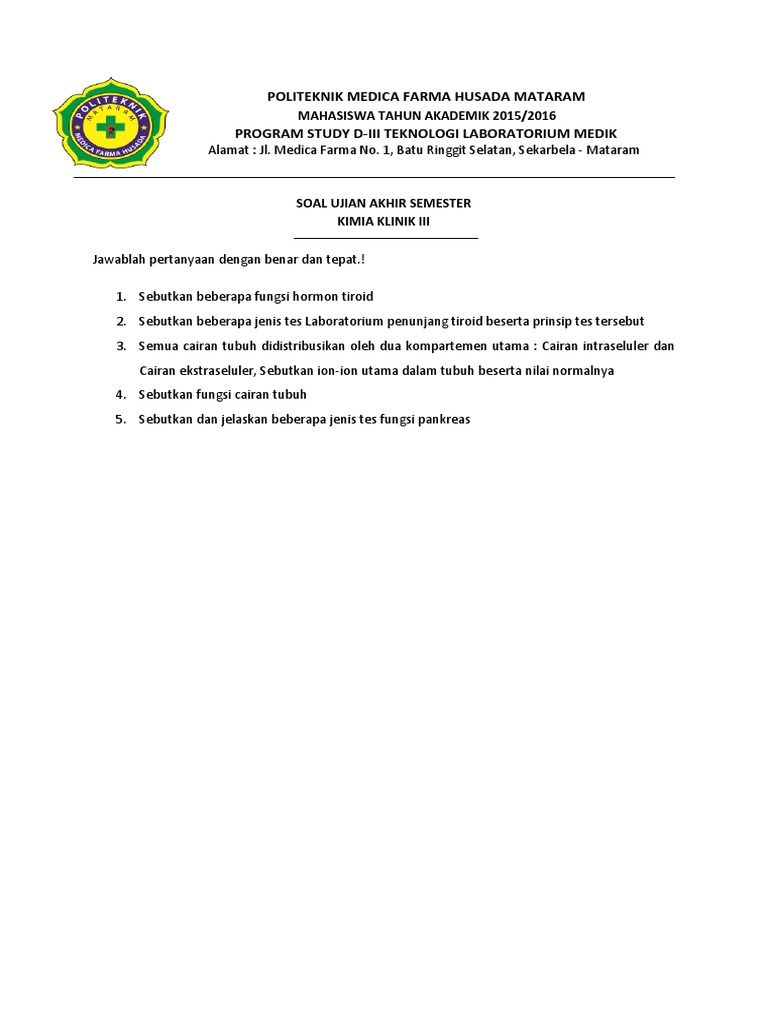 Soal Ujian Kimia Klinik Iii 2015 2016 Pdf Kesehatan Holistik