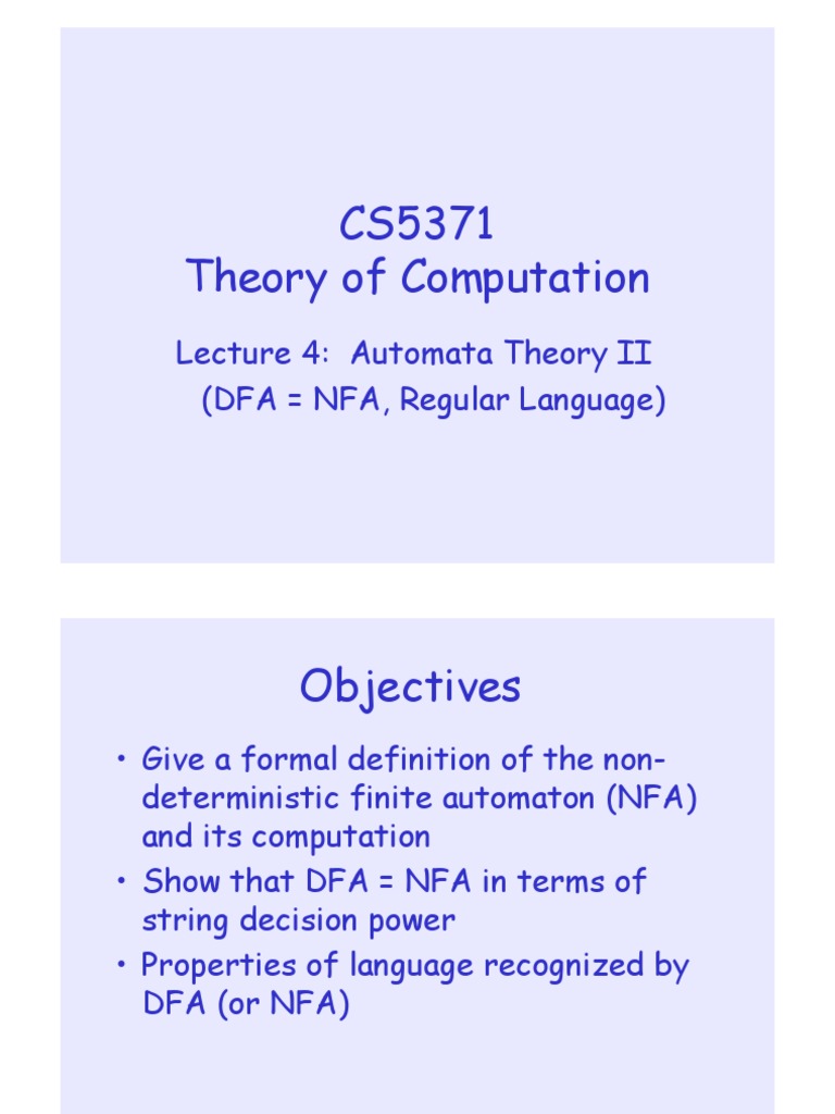 Cs5371 Theory Of Computation Lecture 4 Automata Theory Ii Dfa Nfa Regular Language Pdf