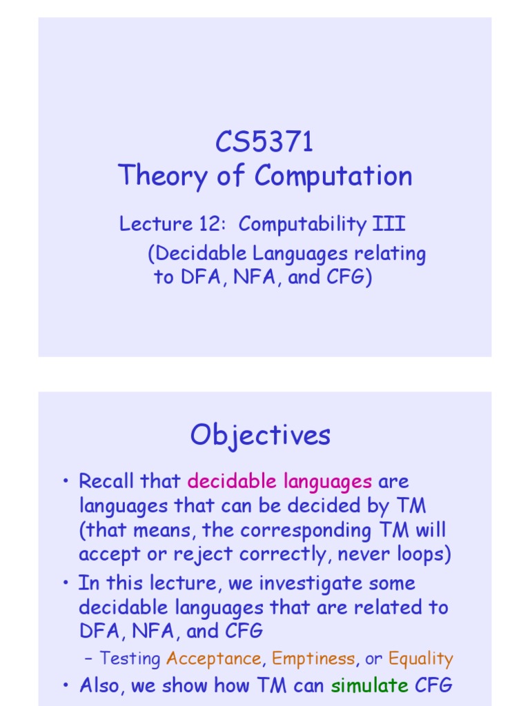 Cs5371 Theory Of Computation Lecture 12 Computability Iii Decidable 5396