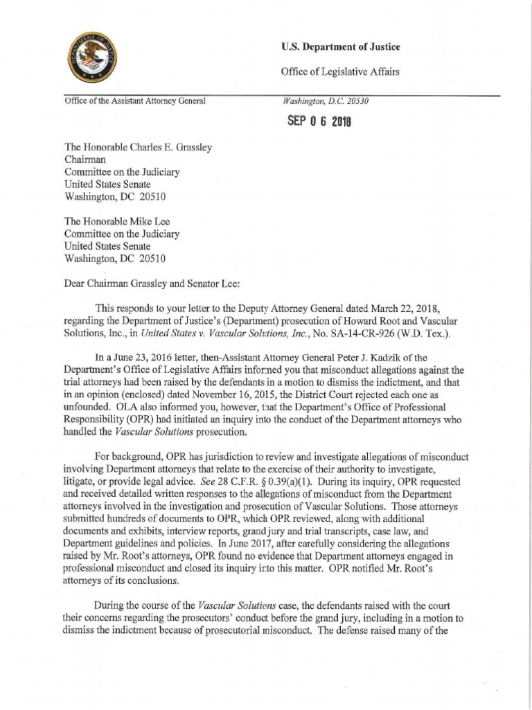2018-9-6 DOJ Letter To Chairman Grassley and Senator Lee | PDF