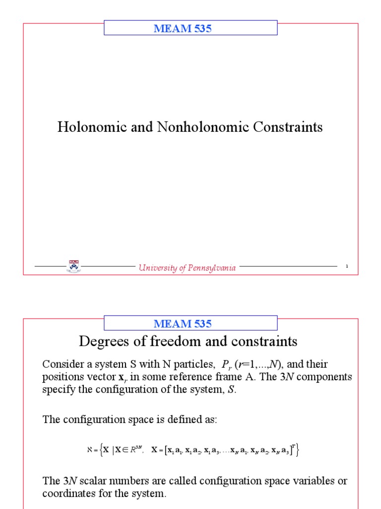 Holonomic and Nonholonomic Constraints: MEAM 535 | PDF | Degrees Of Freedom (Statistics) | Spacetime