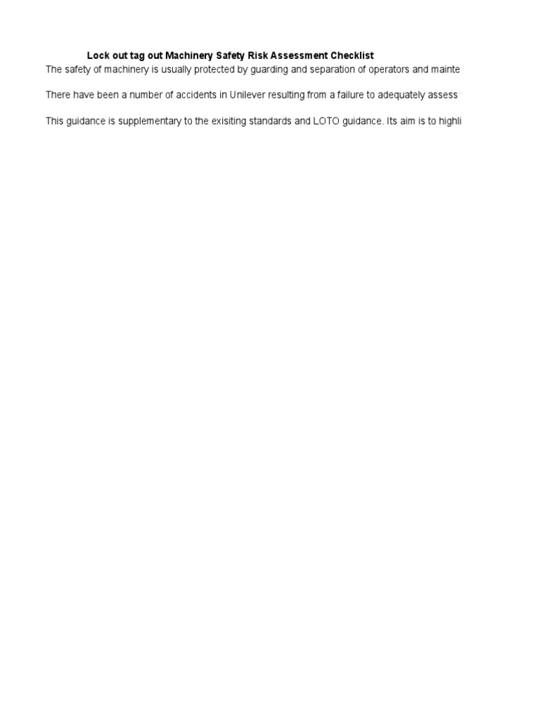 Lock Out Tag Out Machinery Safety Risk Assessment Checklist | PDF ...