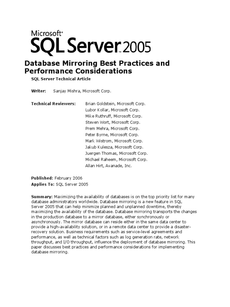 Database Mirroring | PDF | Database Index | Databases