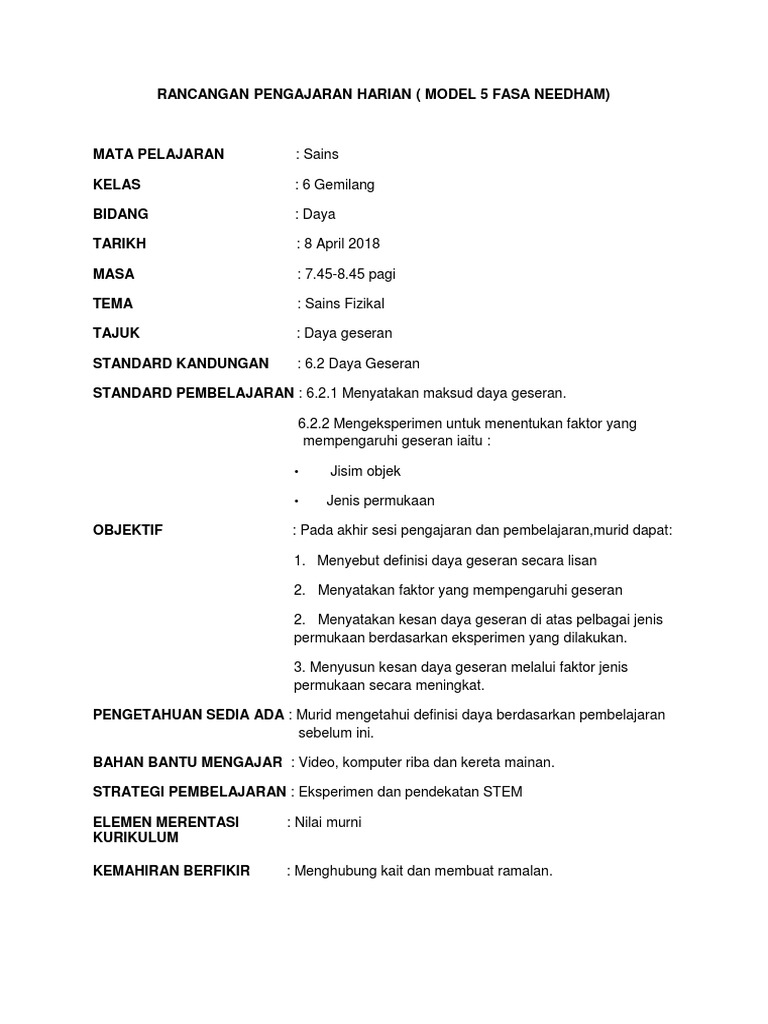 Daya Geseran: RPP Sains Kelas 6 | PDF