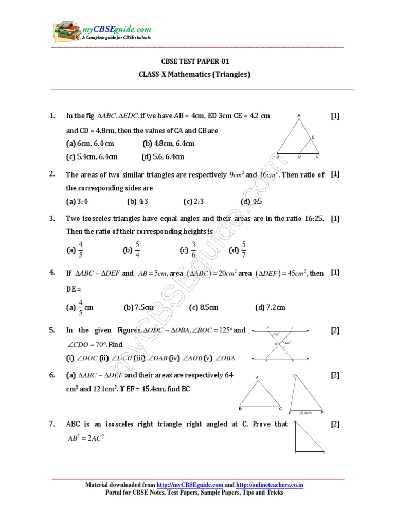 10 Mathematics Triangles Test 01 | PDF | Triangle | Geometric Objects