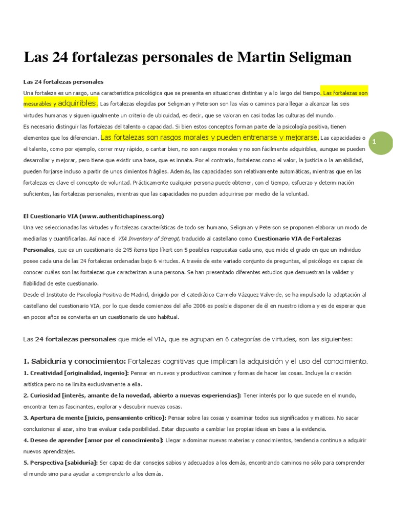 Las 24 Fortalezas Personales de Martin Seligman | PDF | Inteligencia ...