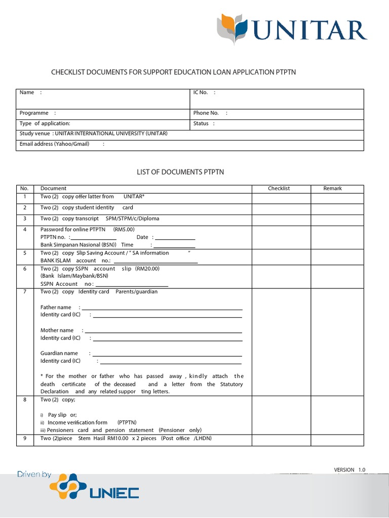 PTPTN Check List (English) | PDF