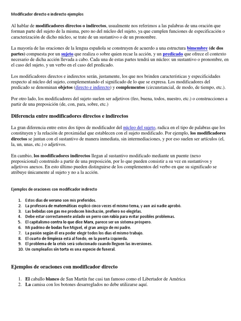 Ejemplos de Modificadores Directos e Indirectos | PDF | Asunto ...