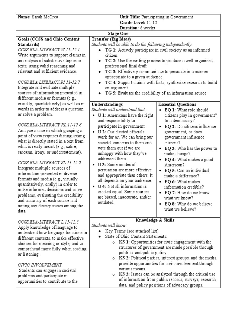 Civic Engagement Curriculum 11-12 | PDF | Persuasion | Evaluation