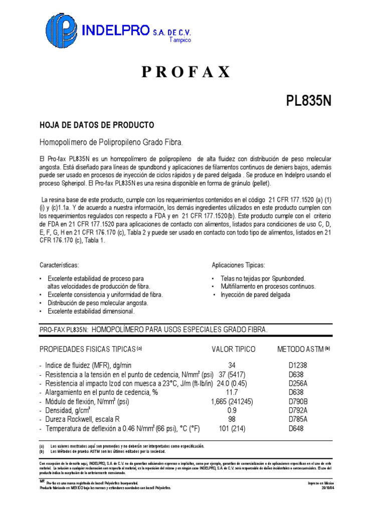 Hoja de Datos de Producto de Profax Indelpro | PDF | Materiales ...