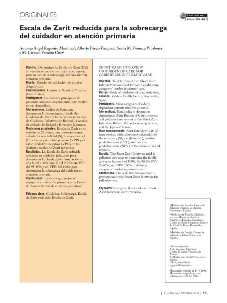 Escala de Zarit Reducida para La Sobrecarga Del Cuidador en Atención ...