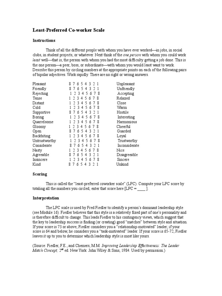 Least-Preferred Co-Worker Scale: Instructions | PDF | Psychology ...
