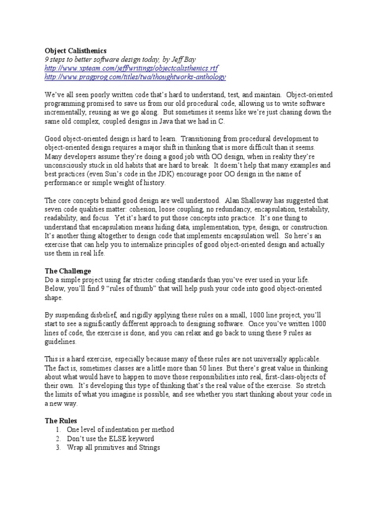 Object Calisthenics | PDF | Object Oriented Programming | Class (Computer Programming)