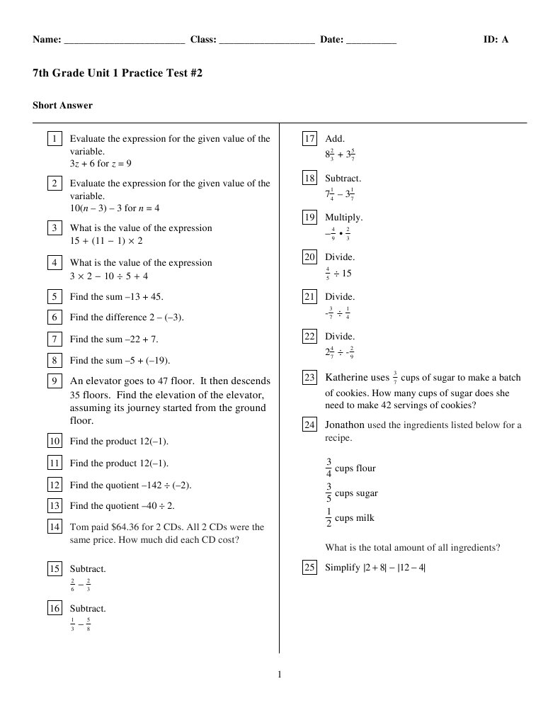 7th Grade Unit 1 Practice Test #2: Name: - Class: - Date: - Id: A | PDF