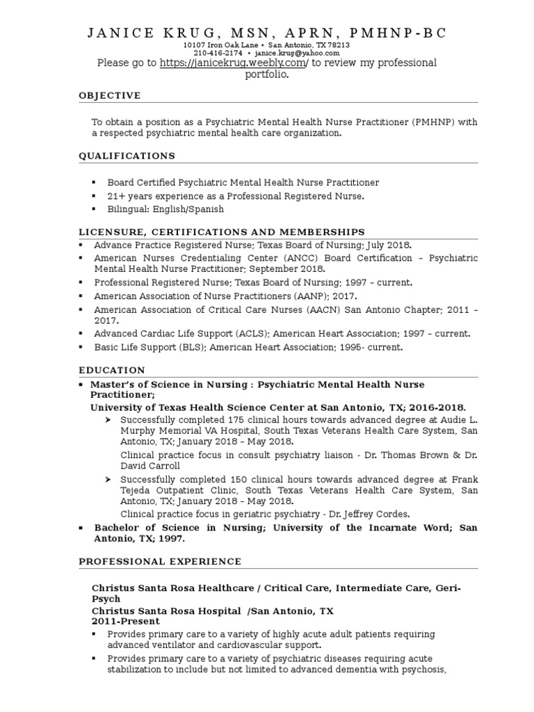 PMHNP Resume of Janice Krug, MSN, APRN | PDF | Nurse Practitioner | Nursing