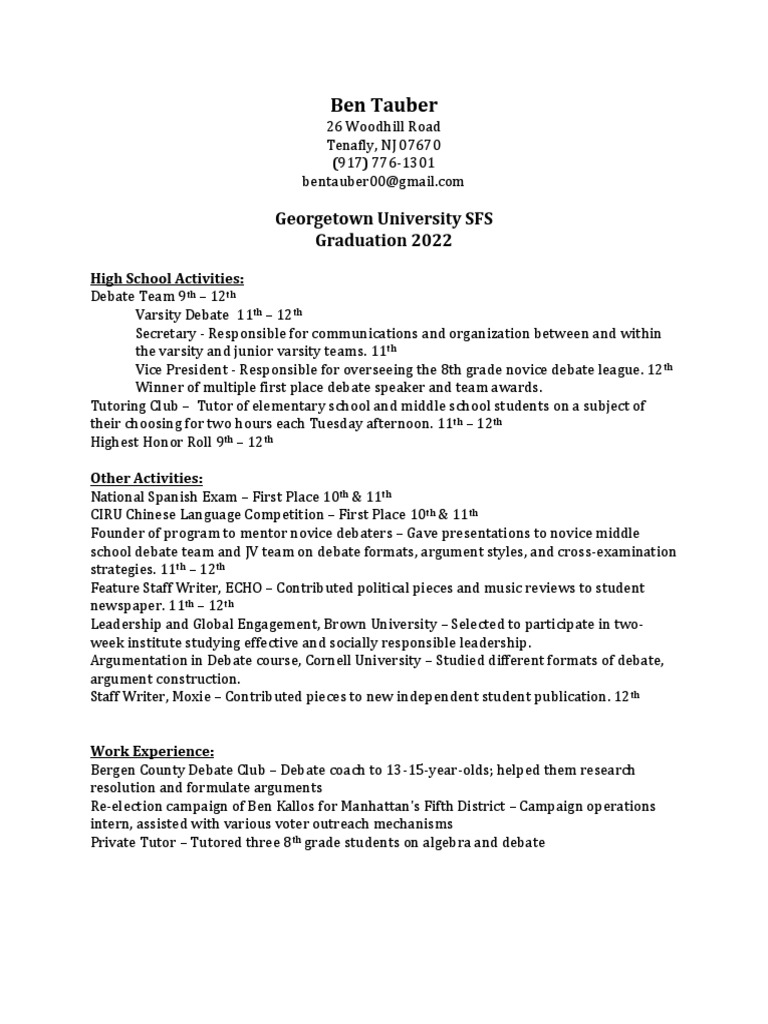 Ben Tauber: Georgetown University SFS Graduation 2022 | PDF