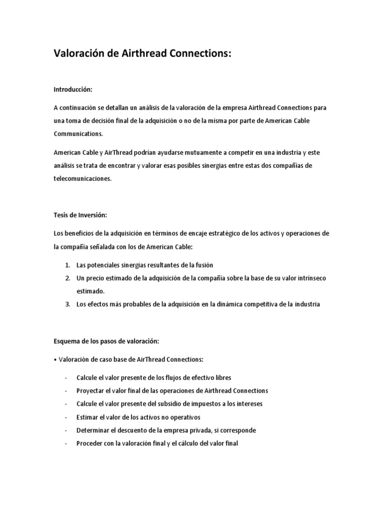 Valoración de Airthread Connections | PDF | Euro | Flujo de efectivo