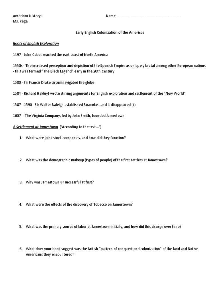 Early English Colonization Study Guide | PDF | Jamestown, Virginia ...