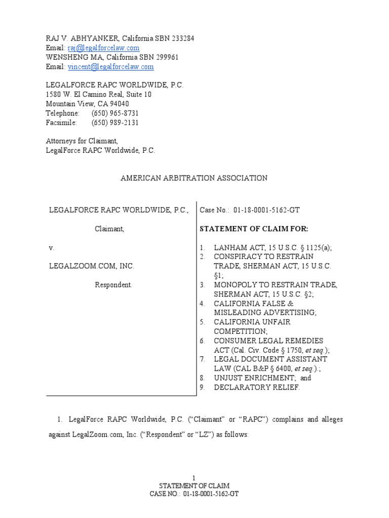Complaint, LegalForce RAPC Worldwide P.C. v. LegalZoom - Com, Inc ...